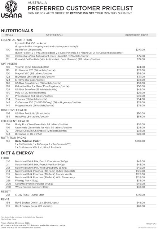 USANA Australia 2021 Price List (UPDATED) | USANA Products